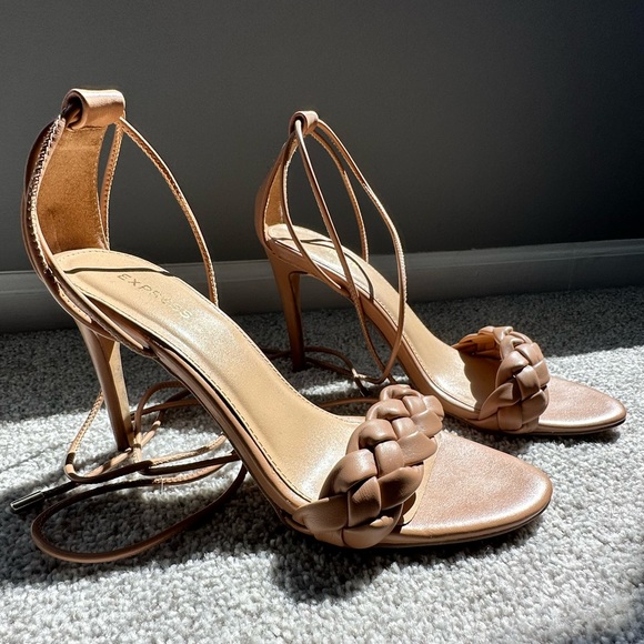 Express | Shoes | Express Tie Up Strappy Heel Sandals Size 8 Tan | Poshmark